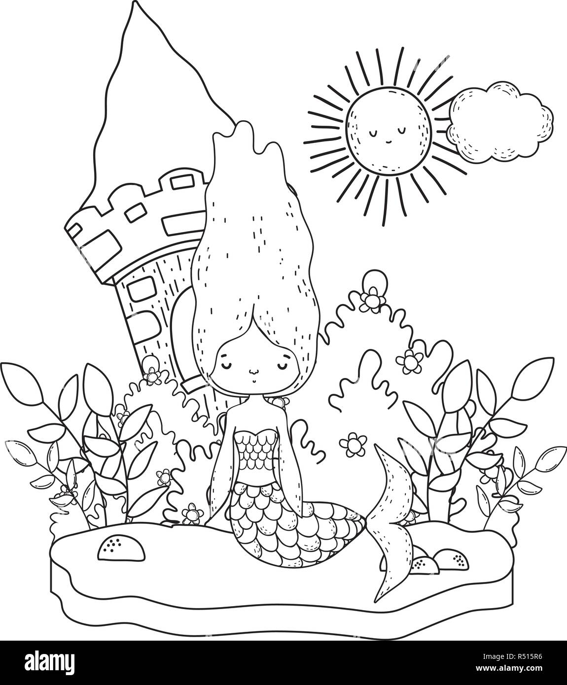 cute mermaid with castle in the landscape Stock Vector Image & Art - Alamy