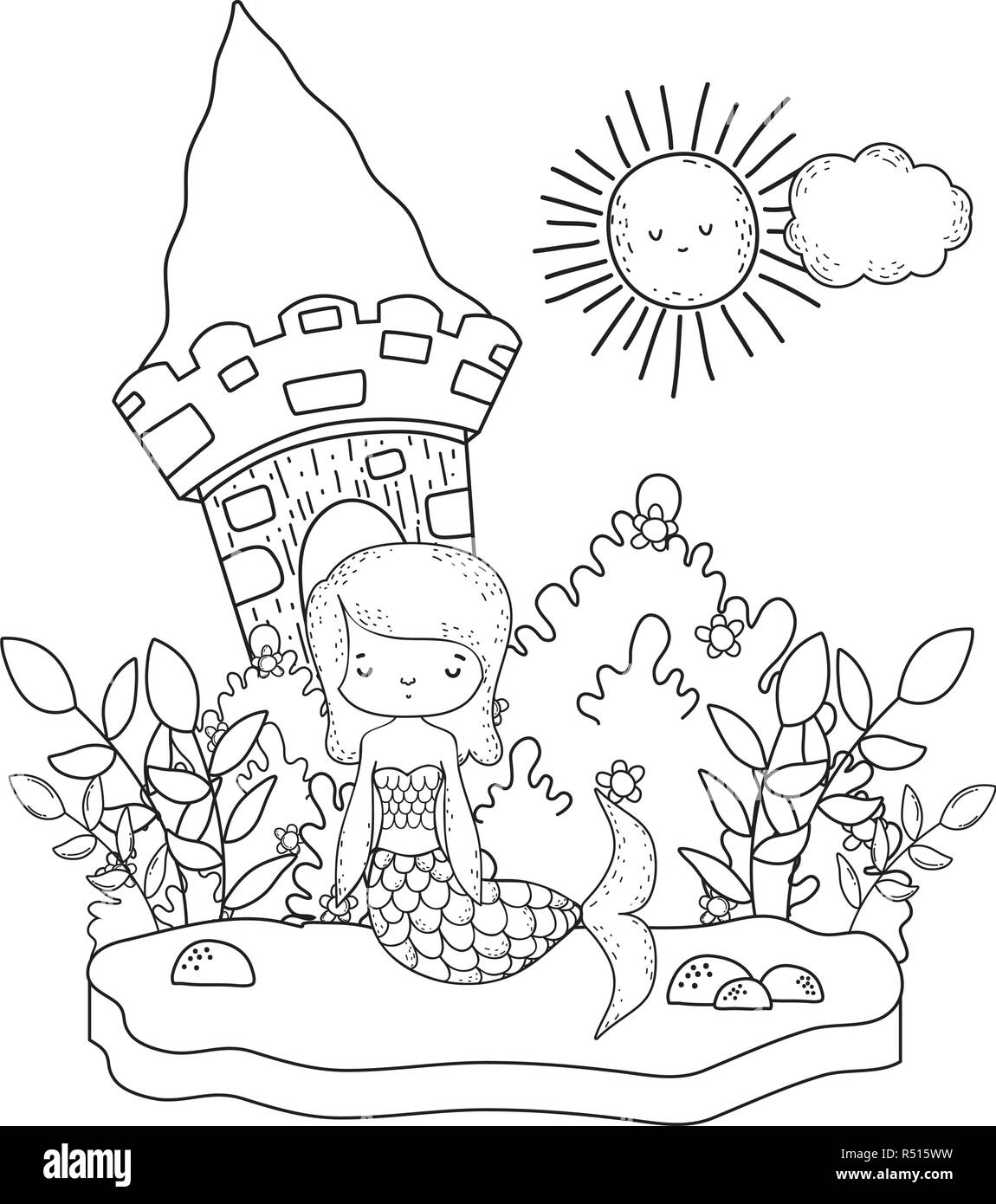 cute mermaid with castle in the landscape Stock Vector Image & Art - Alamy