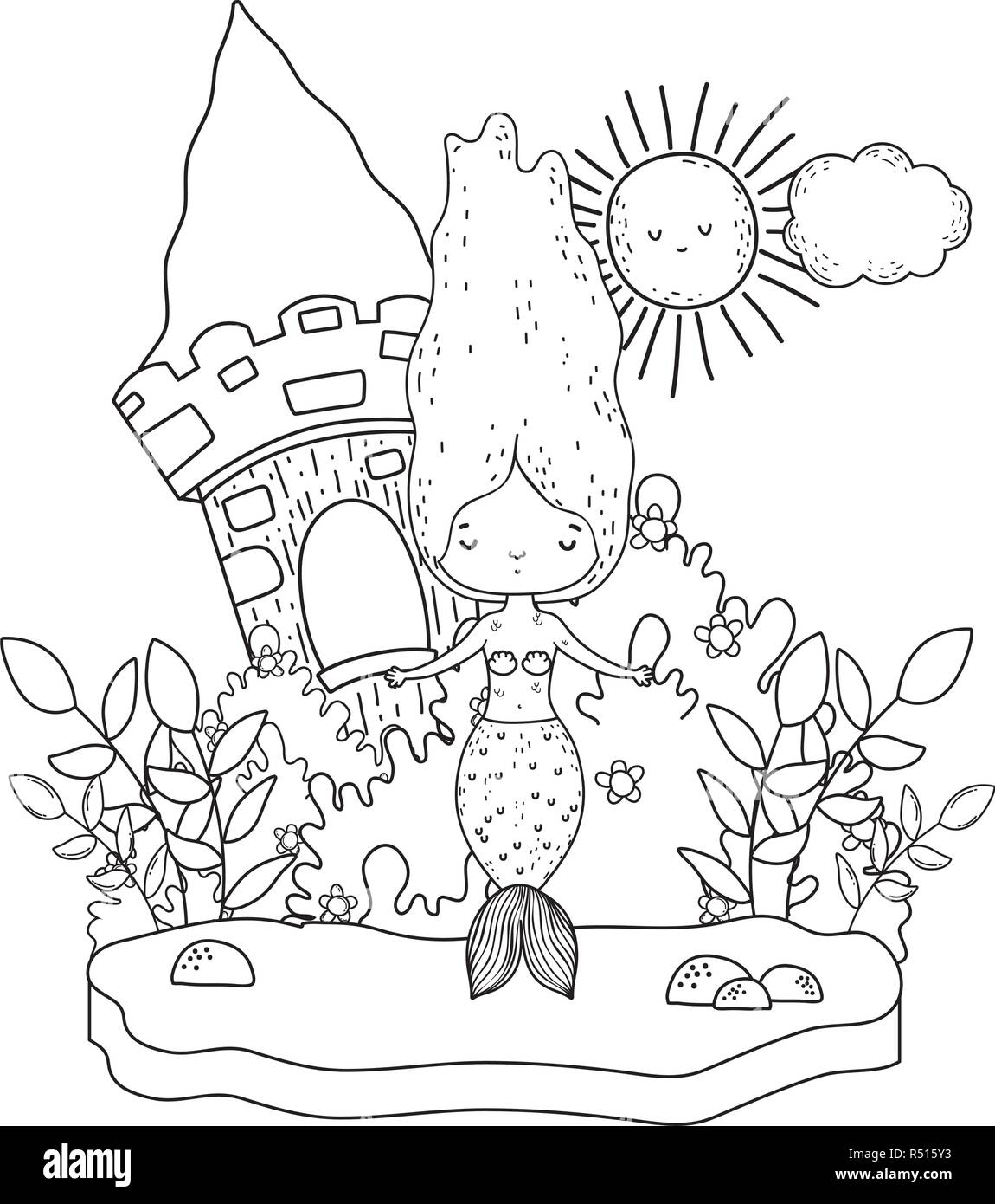 cute mermaid with castle in the landscape Stock Vector Image & Art - Alamy