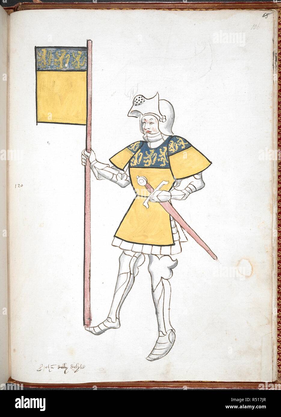 Knight, in armour and tabard, holding a sword and a standard with ...