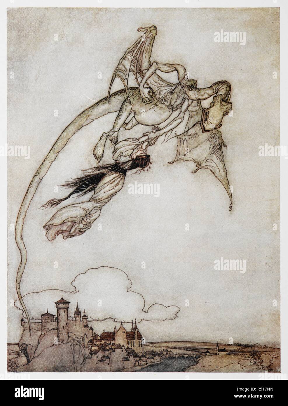 Illustration of a dragon carrying off the princess from The Four Clever ...
