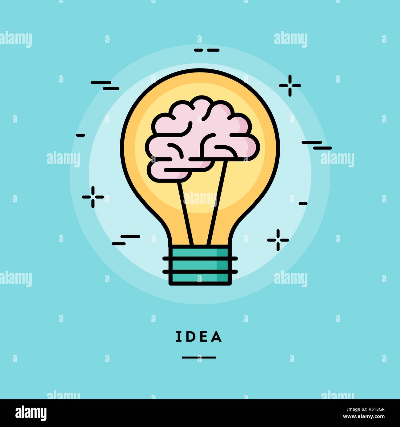 Brain in the light bulb as a metaphor for idea, line flat design banner ...