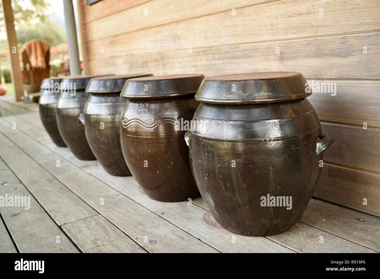 Fermentation crocks on front porch of Front Porch Farm, 110 acres of ...