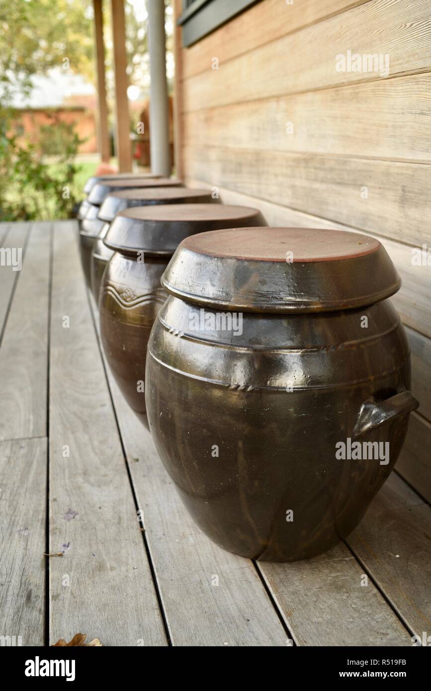 Fermentation crocks on front porch of Front Porch Farm, 110 acres of ...
