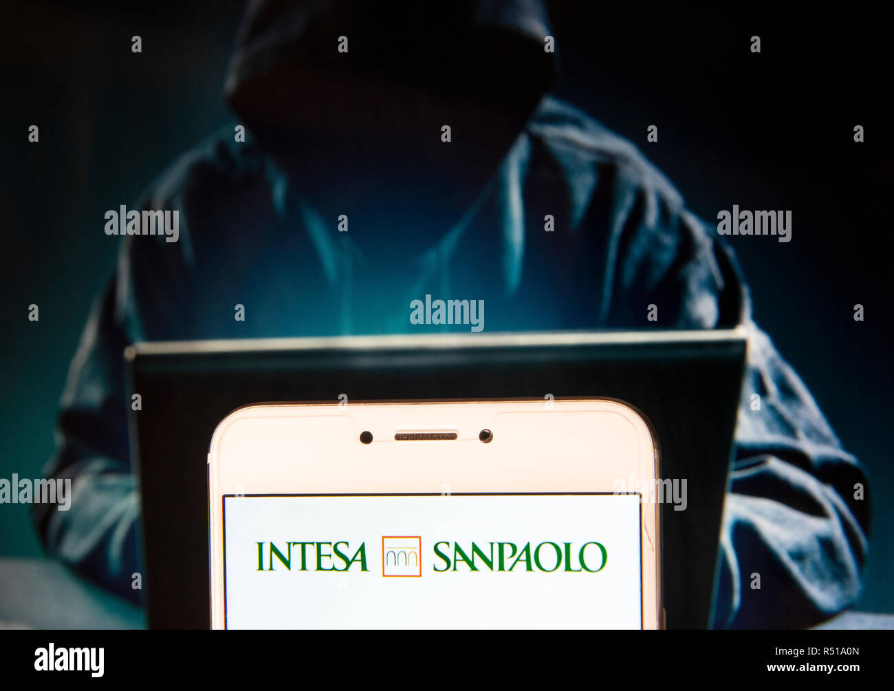 Italian banking group Intesa Sanpaolo logo is seen on an Android mobile ...