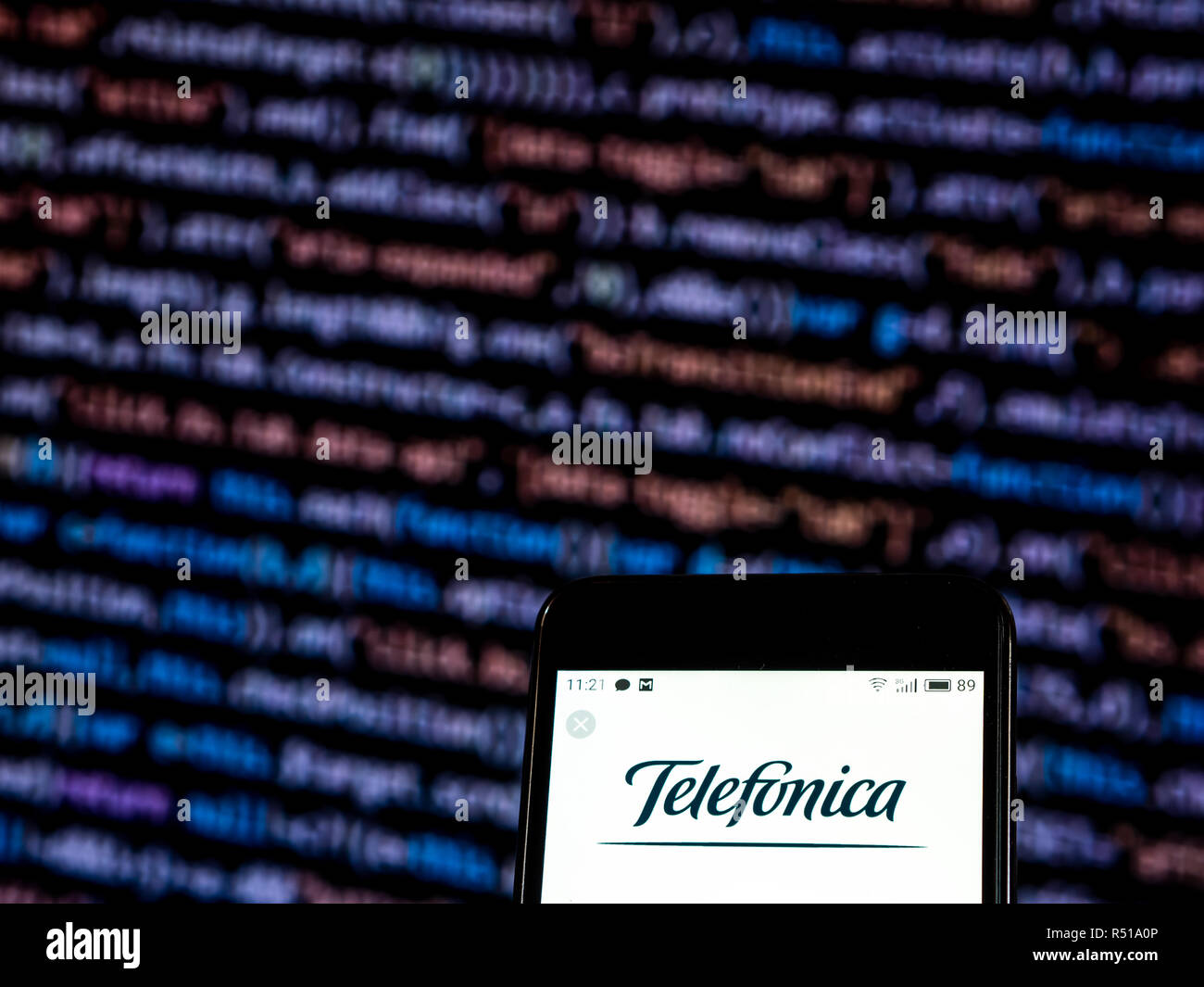 Telefonica Telecommunications company logo seen displayed on smart ...