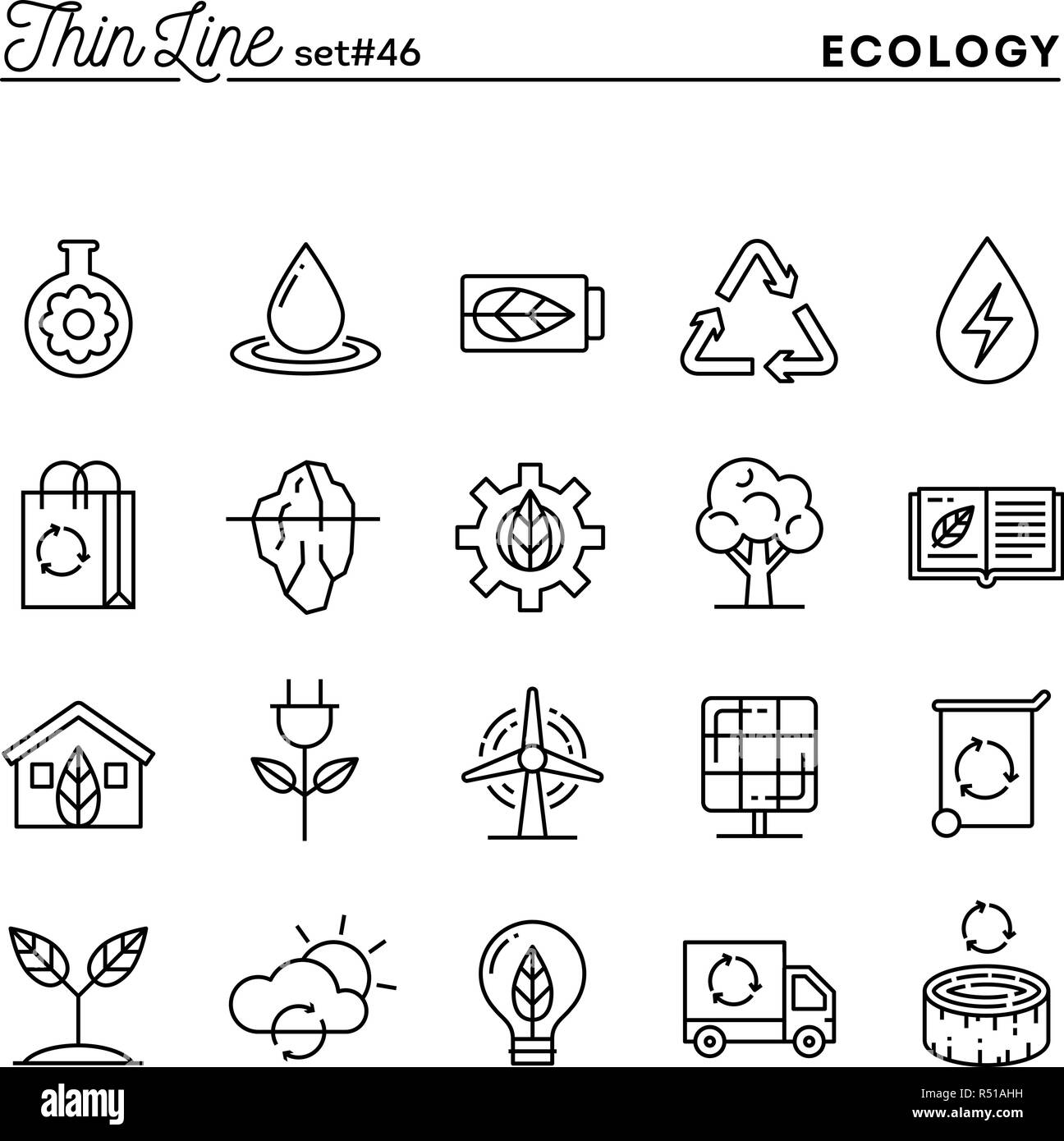 Ecology, nature, clean energy, recycling and more, thin line icons set ...