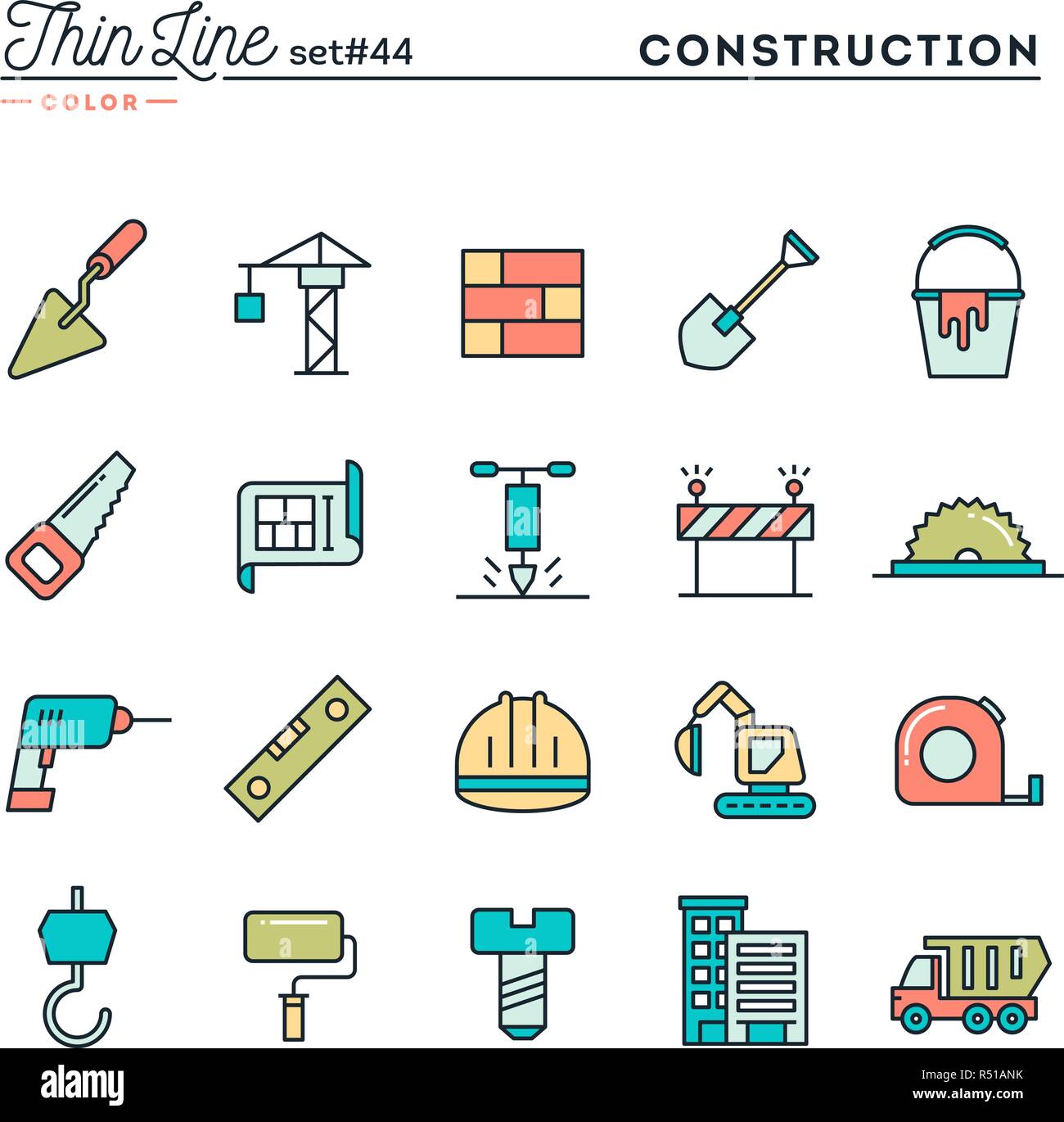 Construction, building, project, tools and more, thin line color icons ...