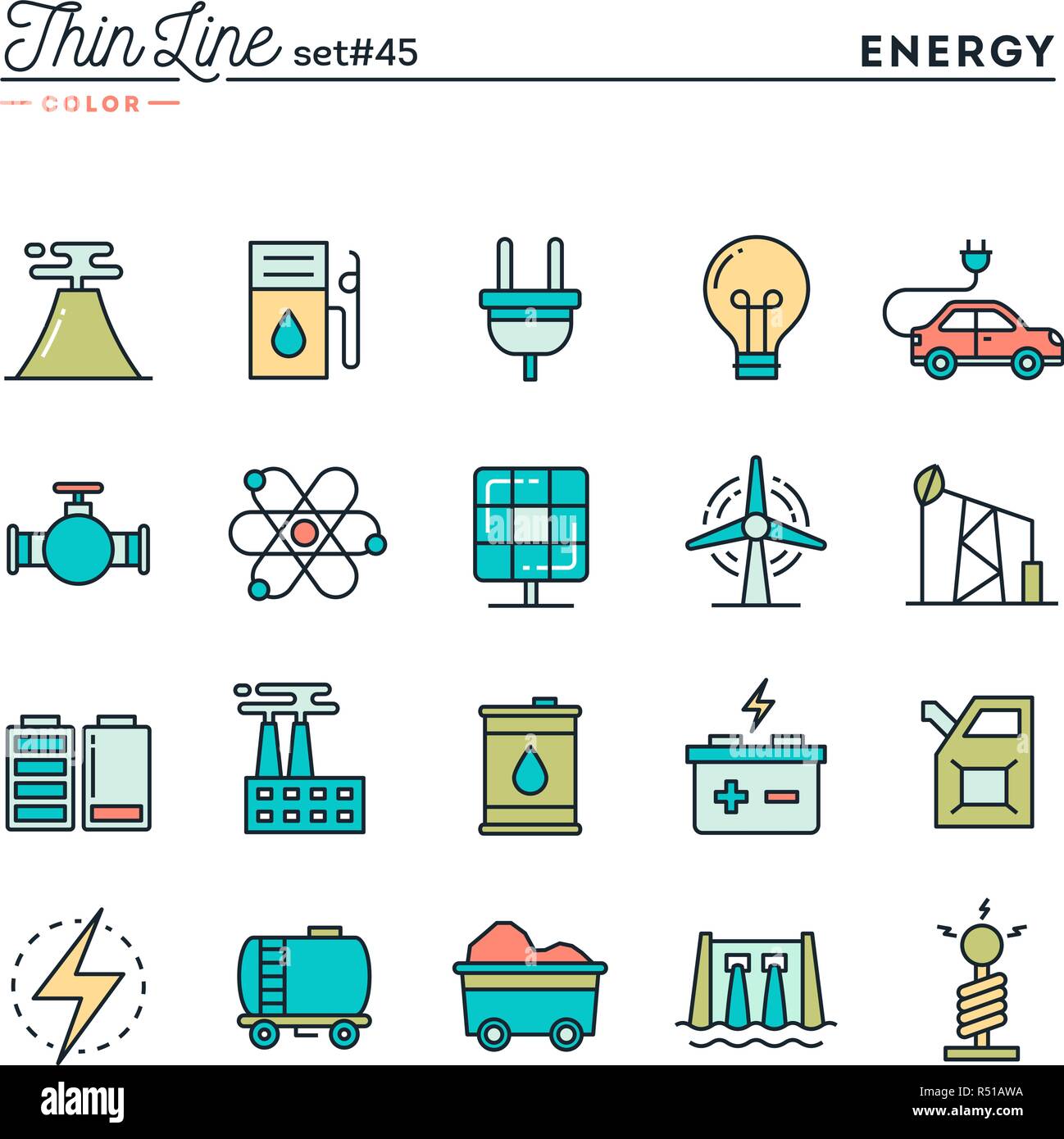 Power, energy, electricity production and more, thin line color icons ...
