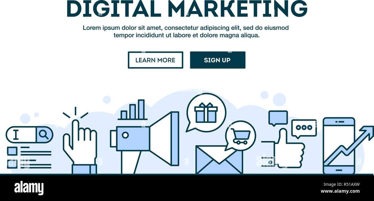 Digital Marketing Concept Header Flat Design Thin Line Style Stock Vector Image And Art Alamy