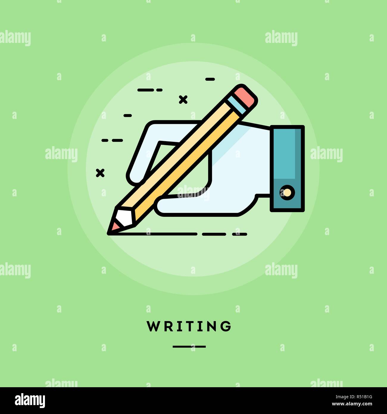 Hand holding pencil and writing, flat design thin line banner Stock ...