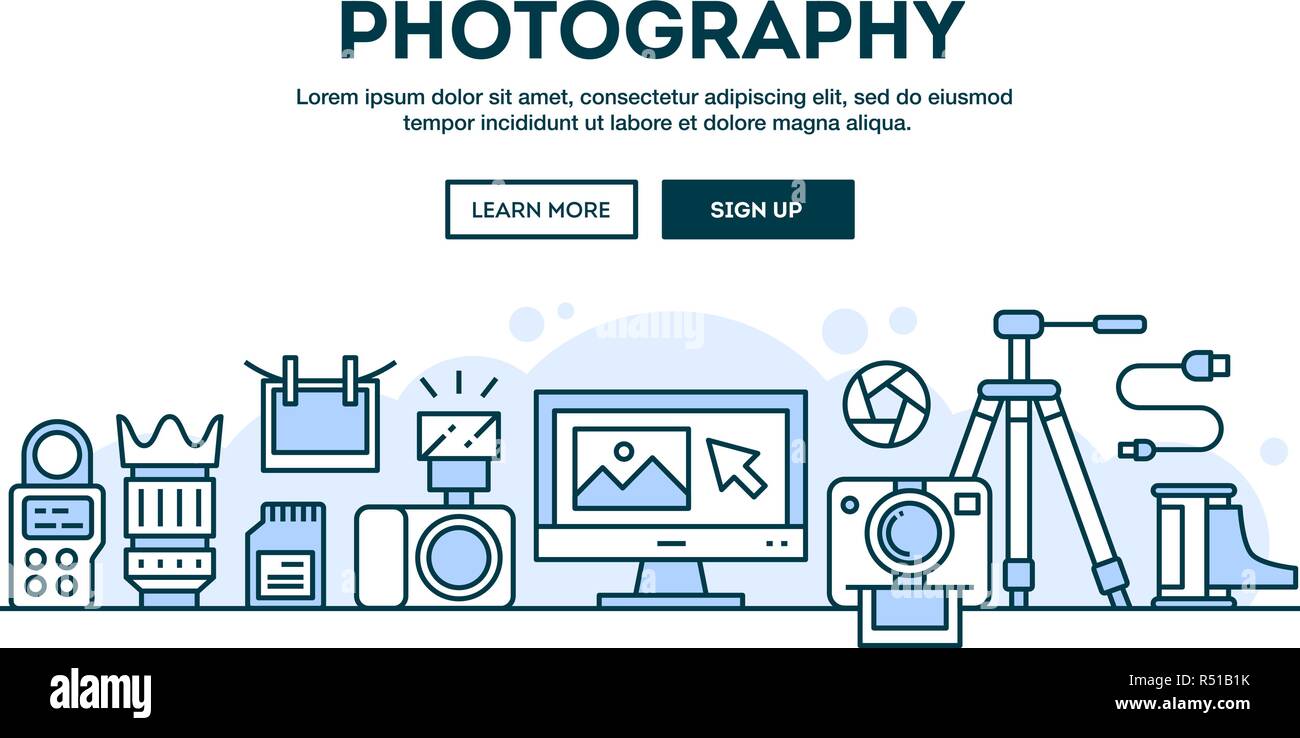 Photography Equipment Concept Header Flat Design Thin Line Style Stock Vector Image And Art Alamy
