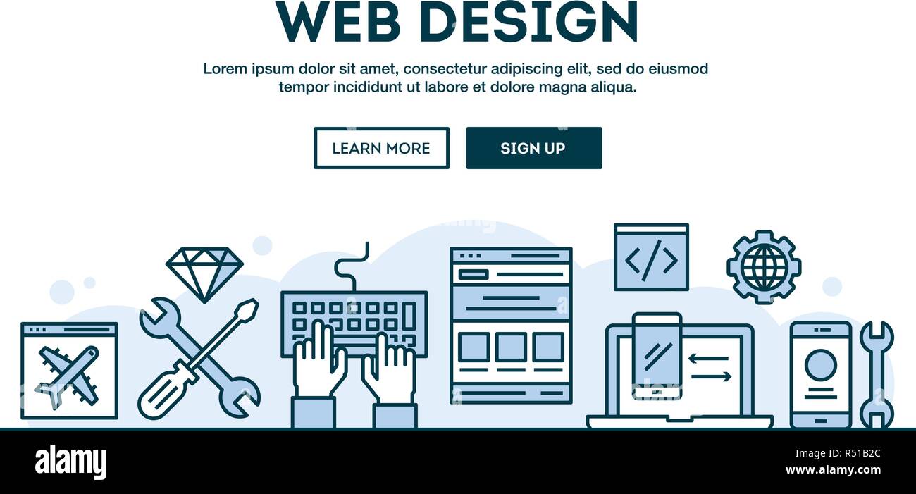 Web Design Concept Header Flat Design Thin Line Style Stock Vector Image And Art Alamy