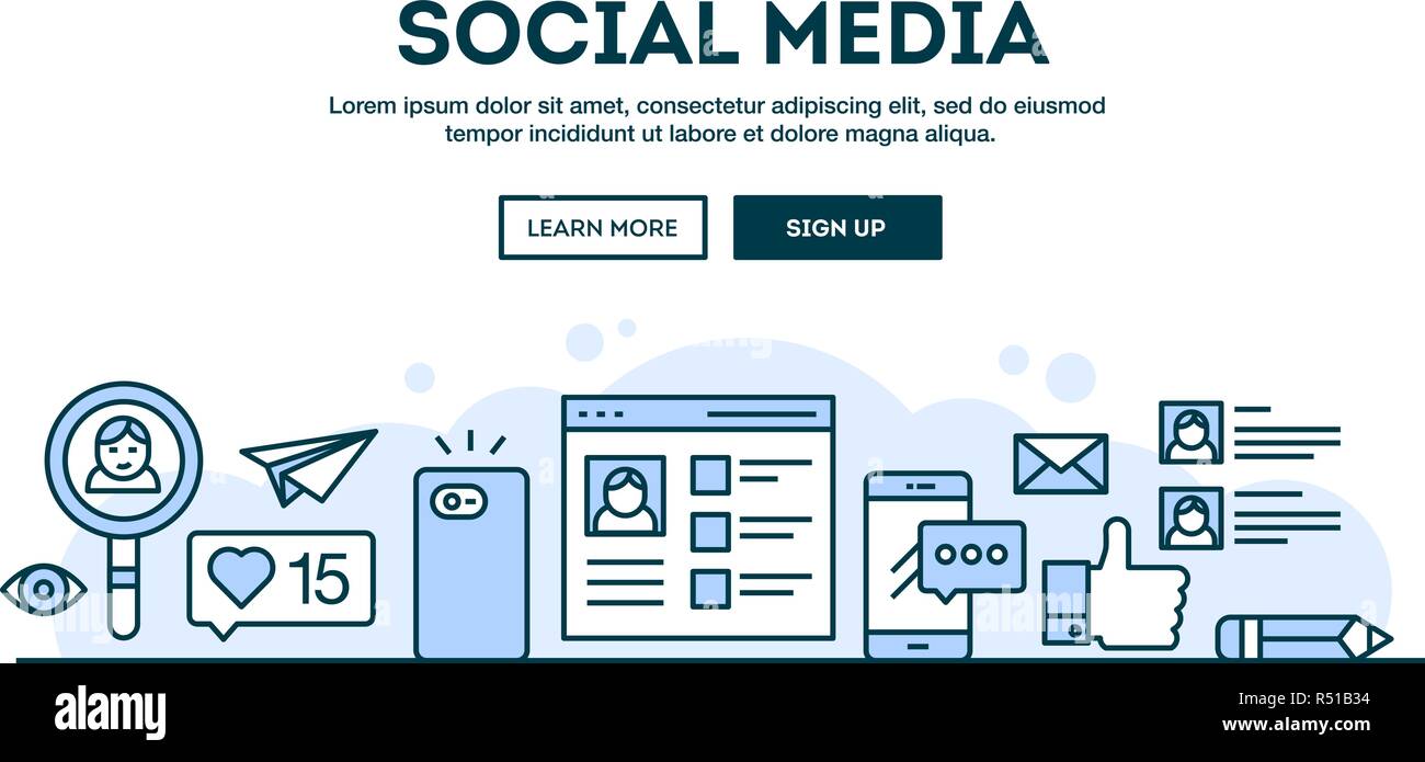 Social media, concept header, flat design thin line style Stock Vector ...