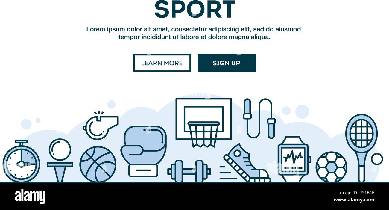 Sport Recreation Active Lifestyle Concept Header Flat Design Thin Line Style Stock Vector