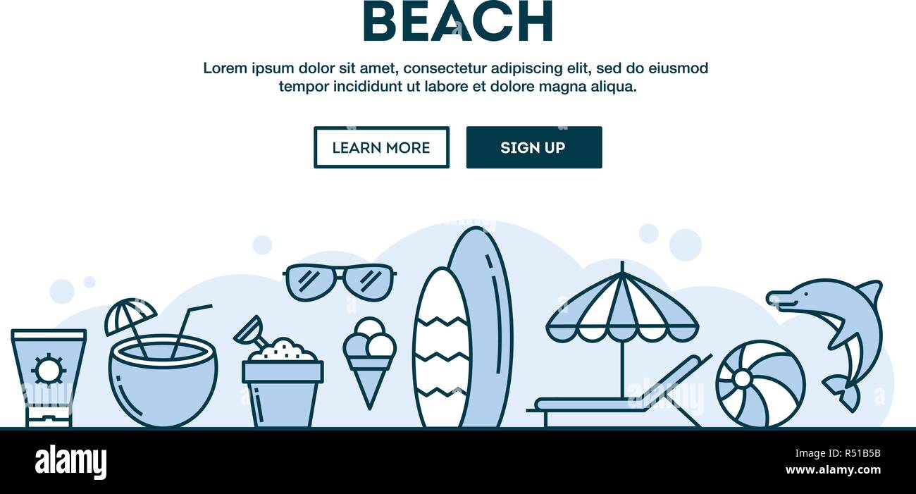 Beach, summer vacation, concept header, flat design thin line style ...