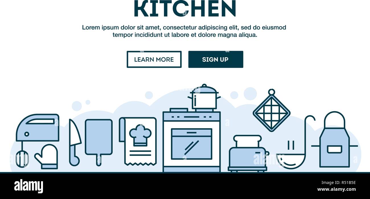 Kitchen Concept Header Flat Design Thin Line Style Stock Vector Image And Art Alamy