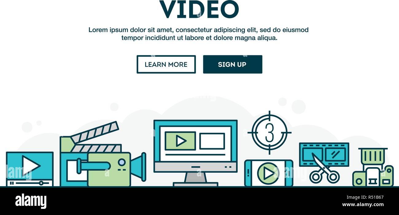 Video making, colorful concept header, flat design thin line style ...