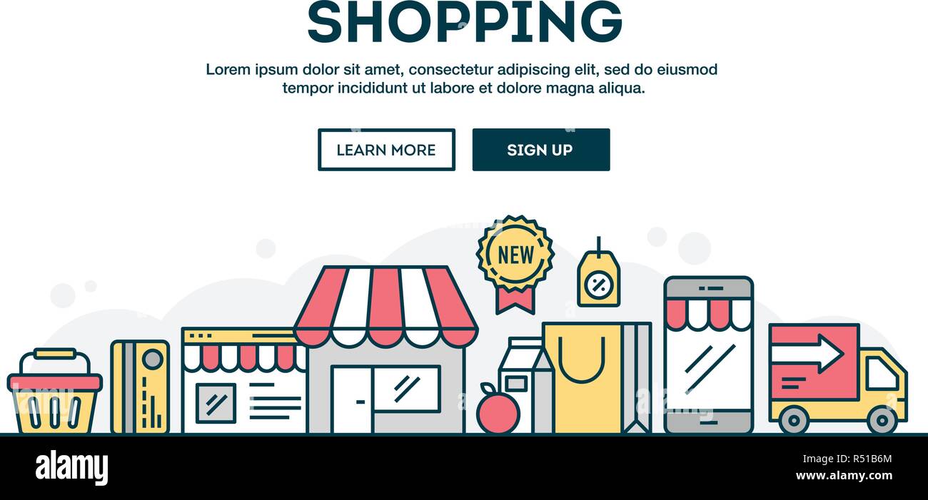 Online Shopping Colorful Concept Header Flat Design Thin Line Style Stock Vector Image And Art