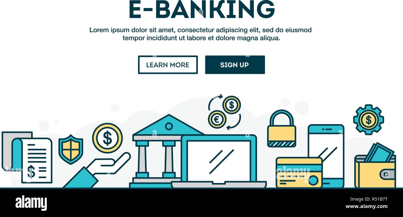 E-banking, colorful concept header, flat design thin line style Stock ...