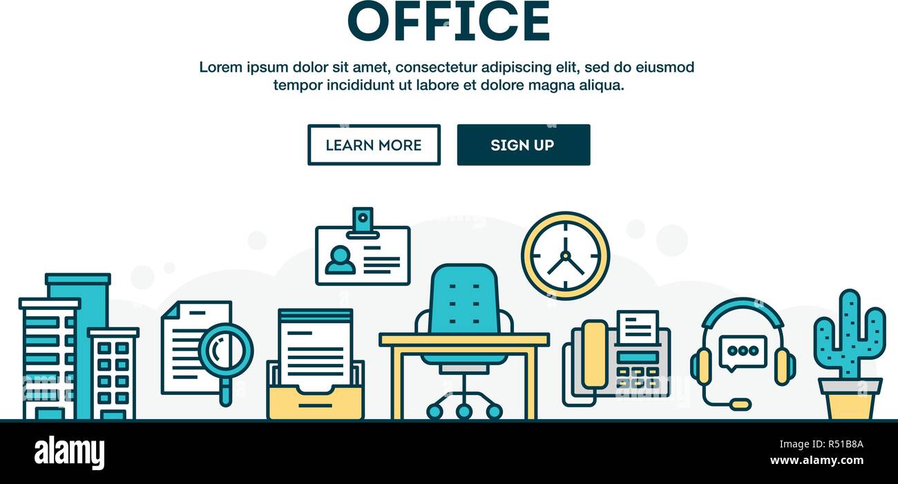 Office Colorful Concept Header Flat Design Thin Line Style Stock
