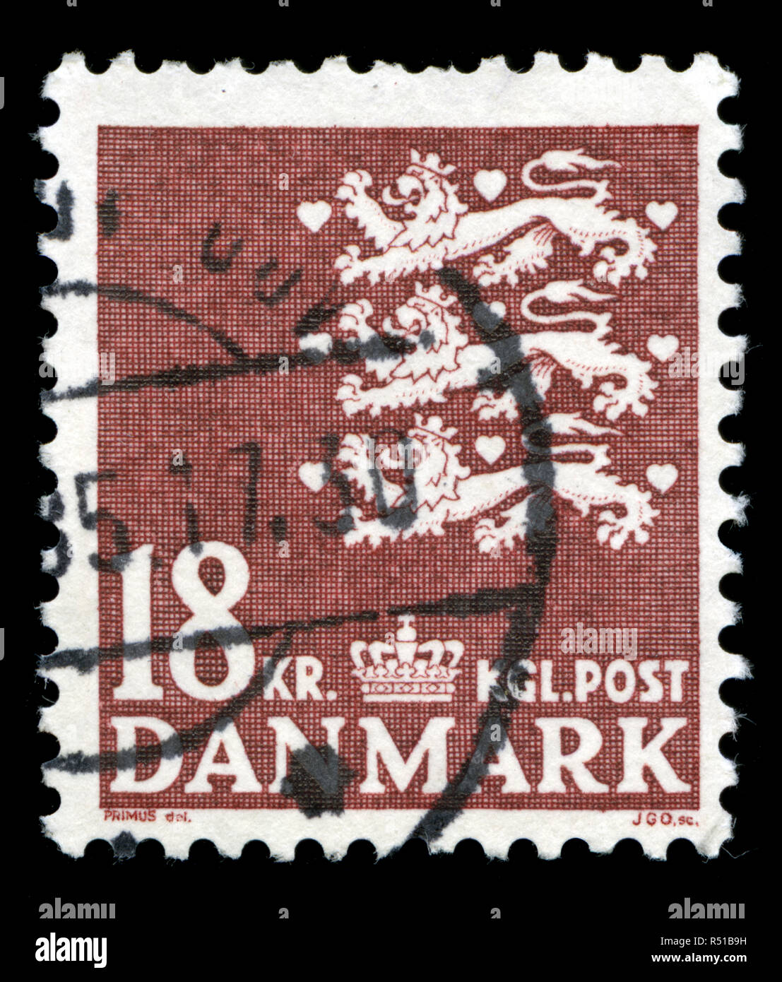 Postmarked stamp from the Denmark in the Small Coat of arms series ...
