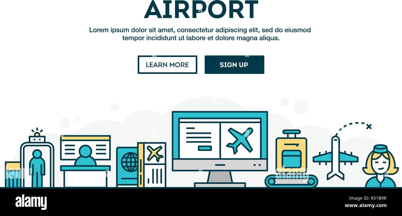 Airport Colorful Concept Header Flat Design Thin Line Style Stock