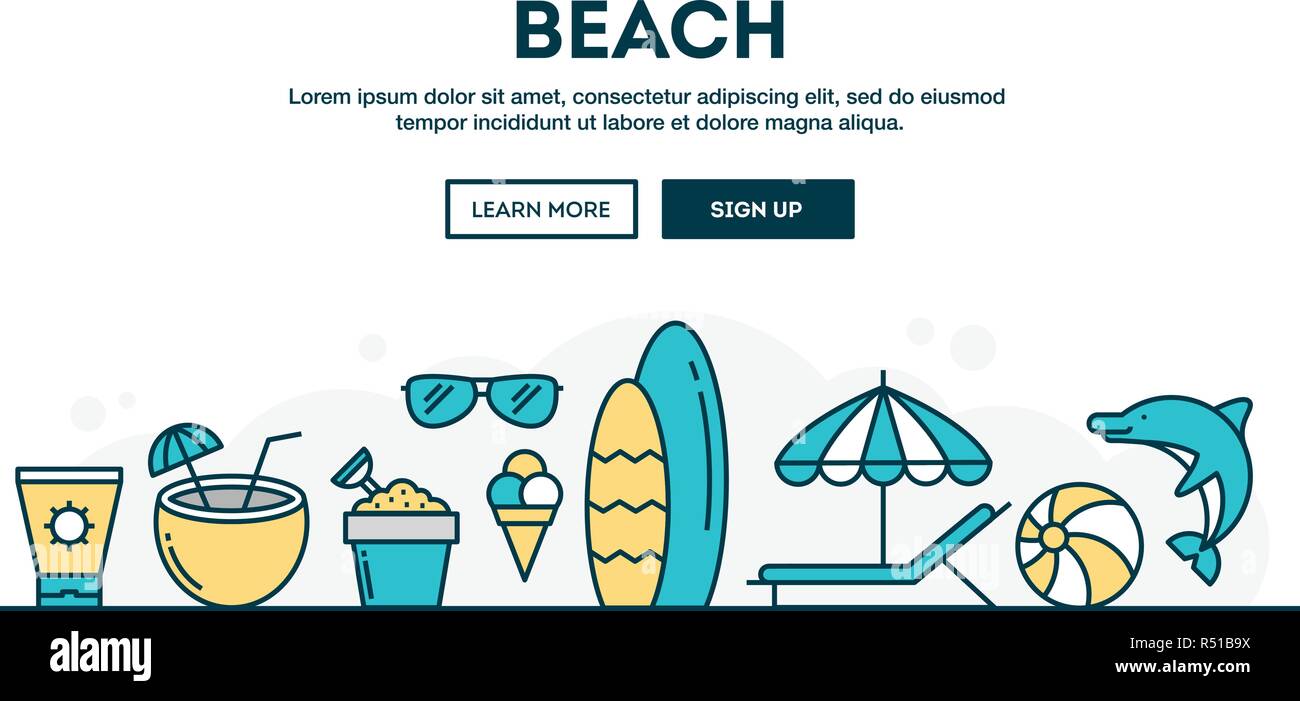 Beach, summer vacation, colorful concept header, flat design thin line ...