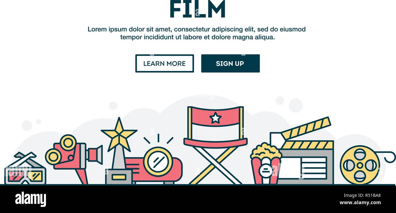 Film Colorful Concept Header Flat Design Thin Line Style Stock Vector Image And Art Alamy