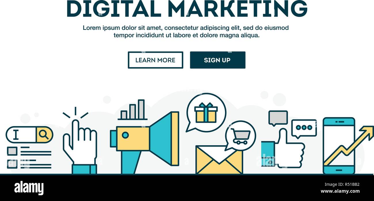 Digital Marketing Colorful Concept Header Flat Design Thin Line Style Stock Vector Image And Art