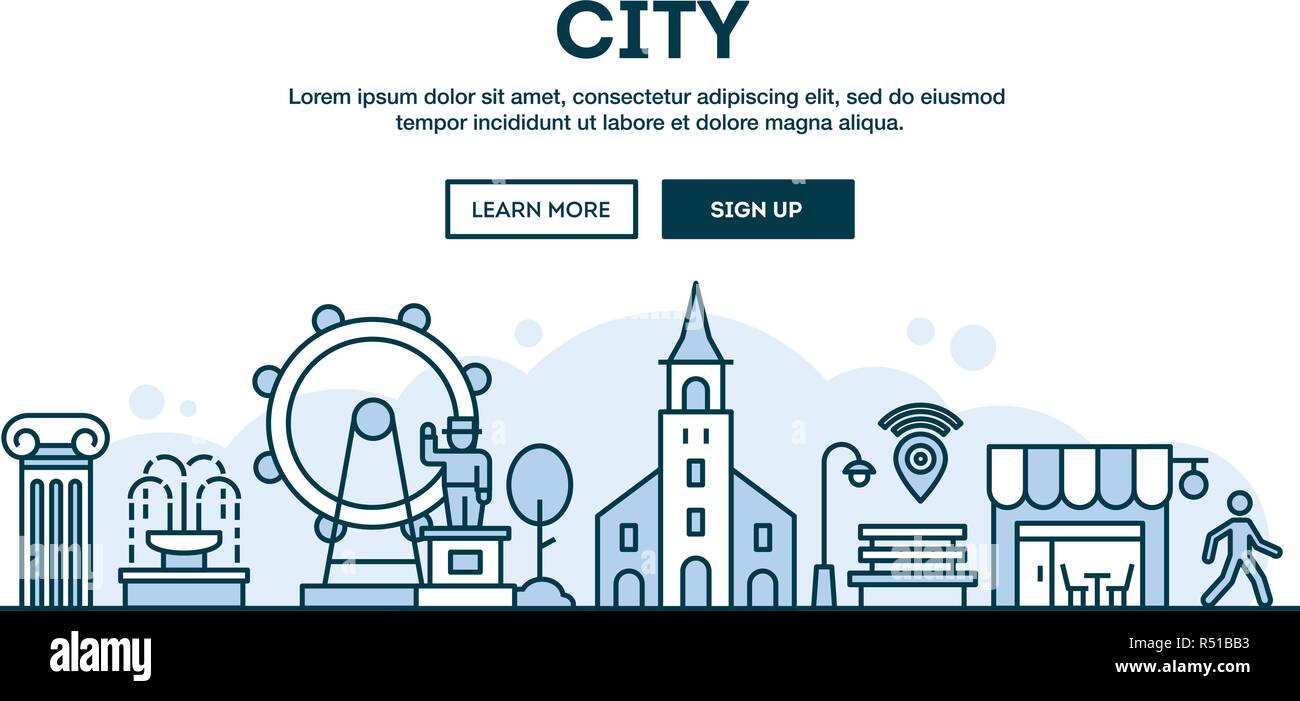 City, concept header, flat design thin line style Stock Vector Image ...