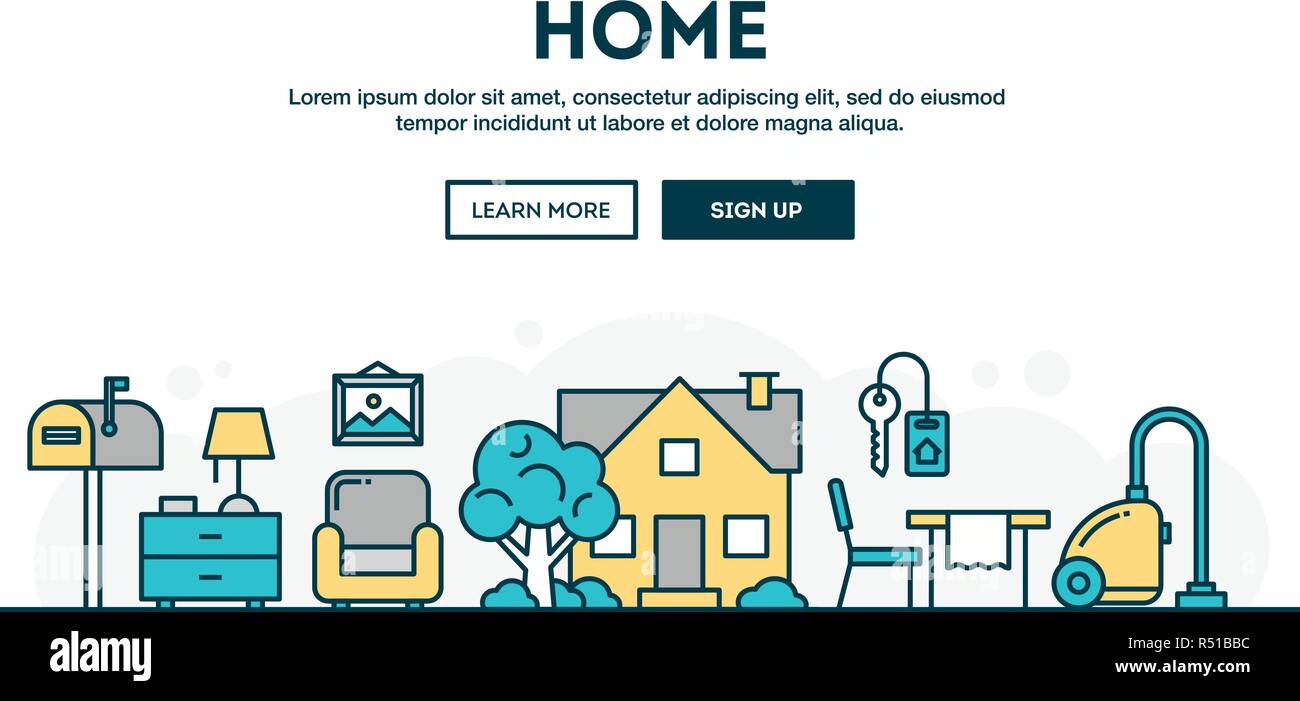 House Home Interior Colorful Concept Header Flat Design Thin Line Style Stock Vector Image