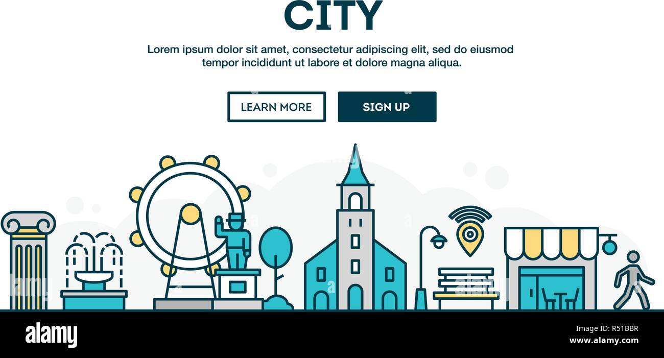 City Colorful Concept Header Flat Design Thin Line Style Stock Vector Image And Art Alamy