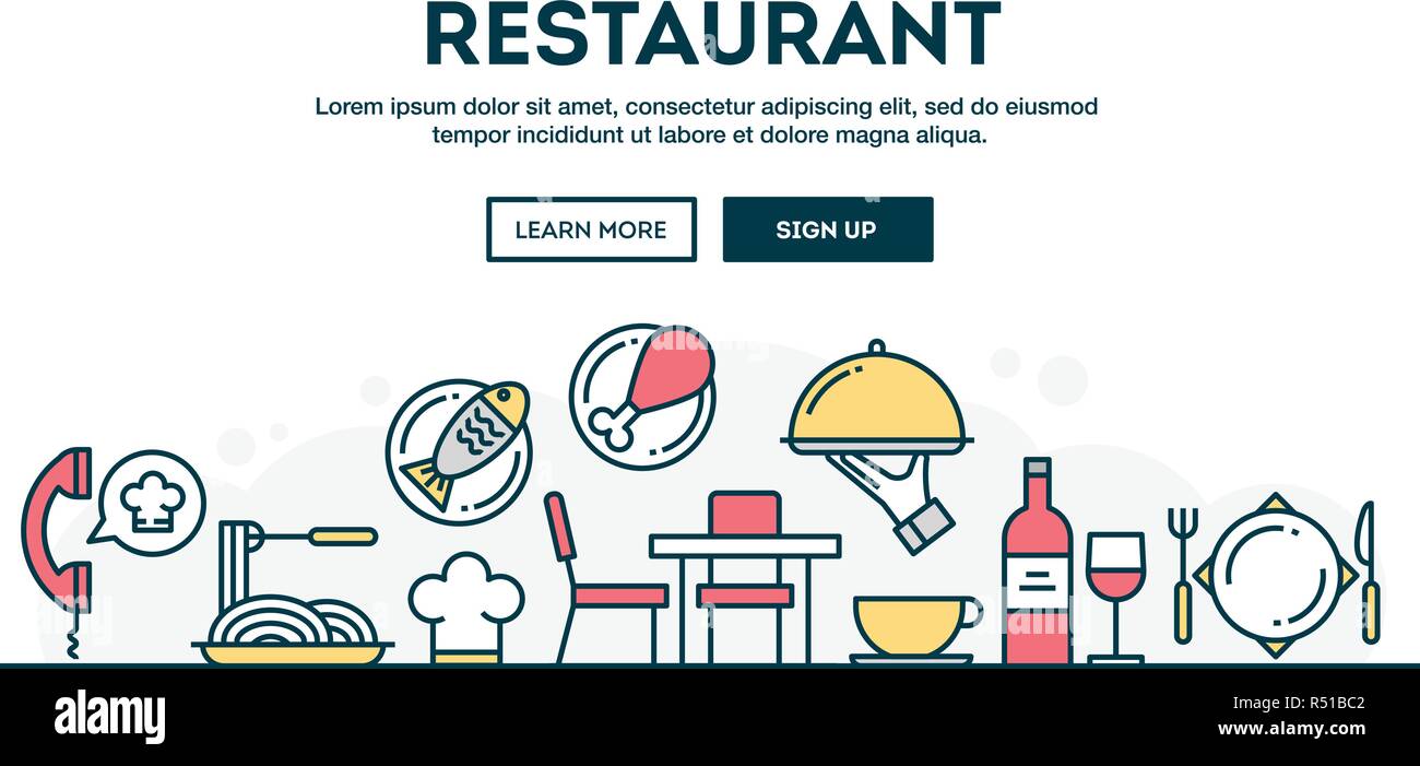 Restaurant, colorful concept header, flat design thin line style Stock ...