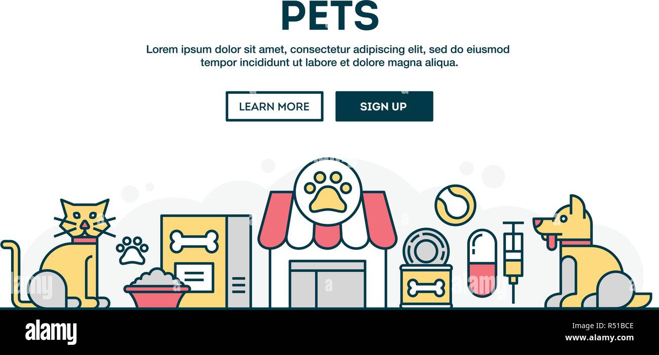 Pets, colorful concept header, flat design thin line style Stock Vector ...
