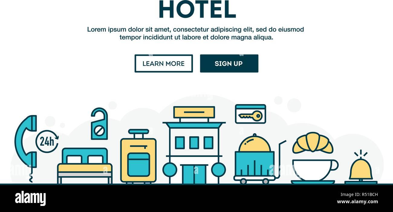 Hotel Colorful Concept Header Flat Design Thin Line Style Stock