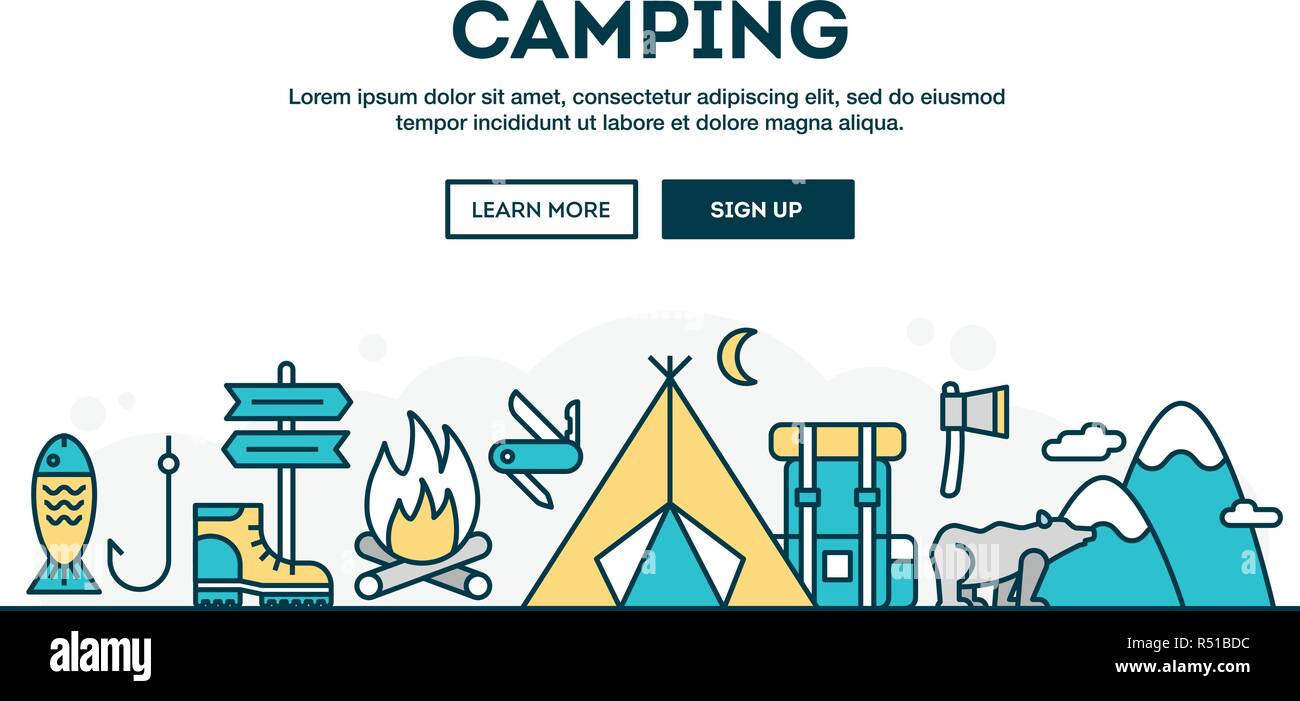 Camping Colorful Concept Header Flat Design Thin Line Style Stock Vector Image And Art Alamy