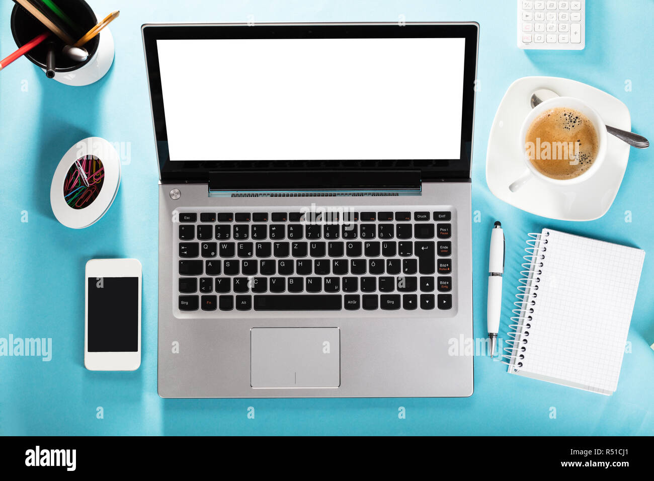 Office Desk With Laptop And Coffee Stock Photo - Alamy