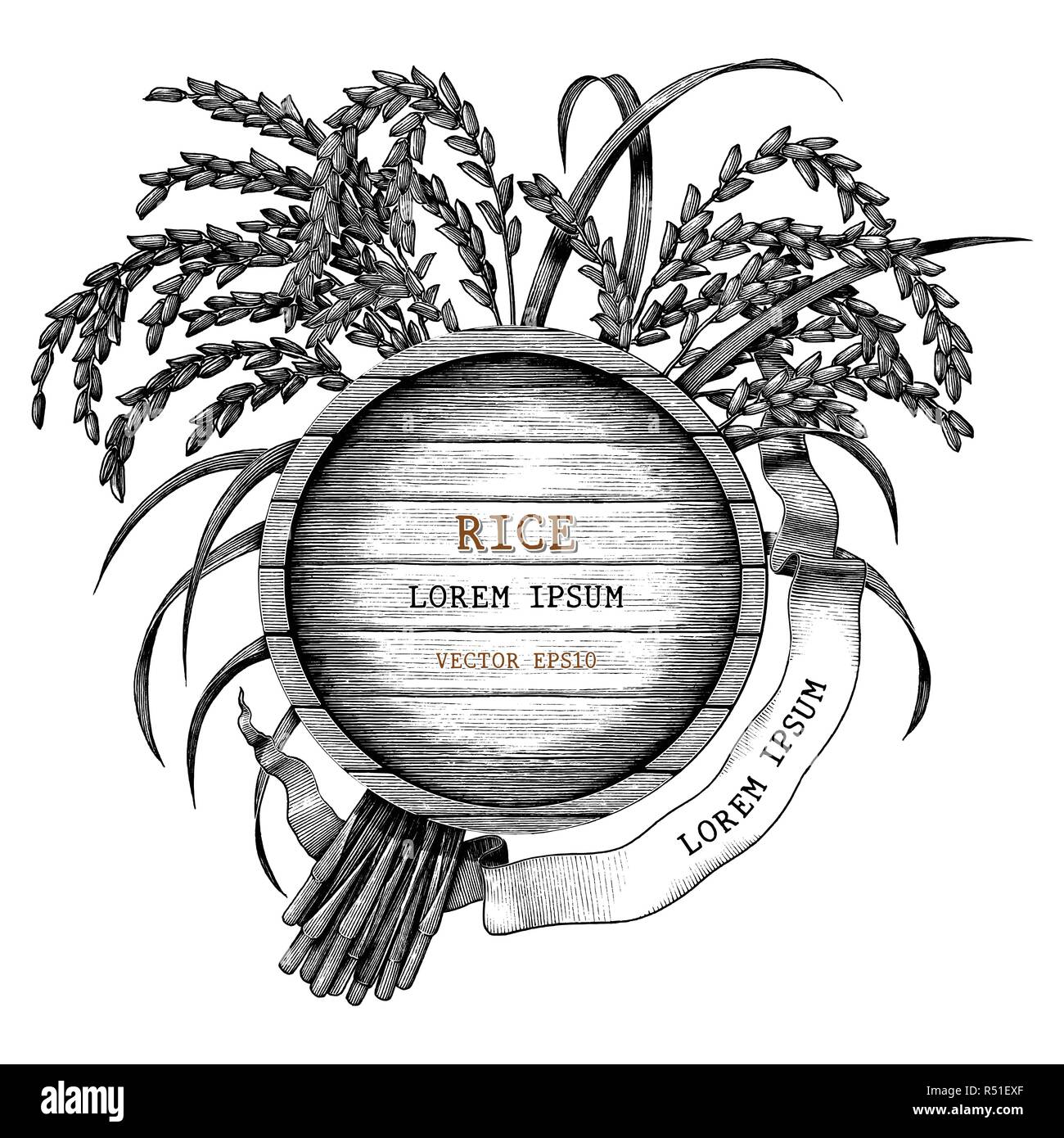 Rice concept logo hand draw vintage engraving style isolated on white ...
