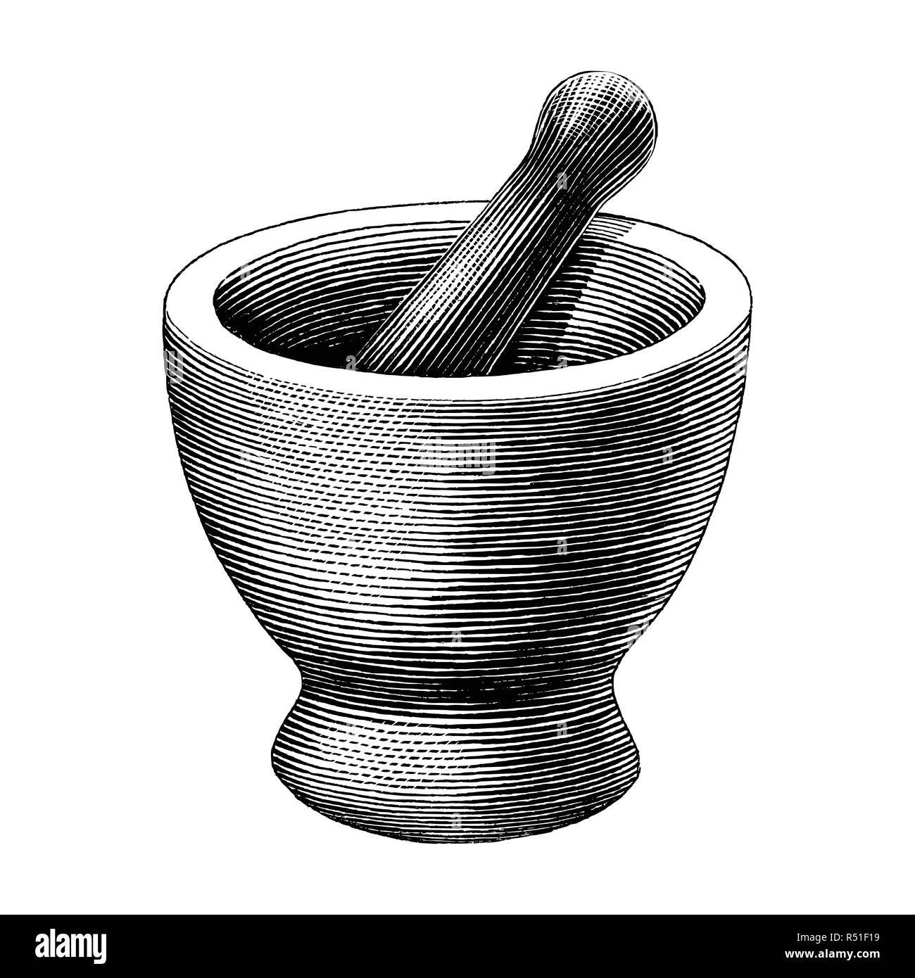 Mortar and pestle vintage engraving illustration isolated on white background,Logo of pharmacy ...