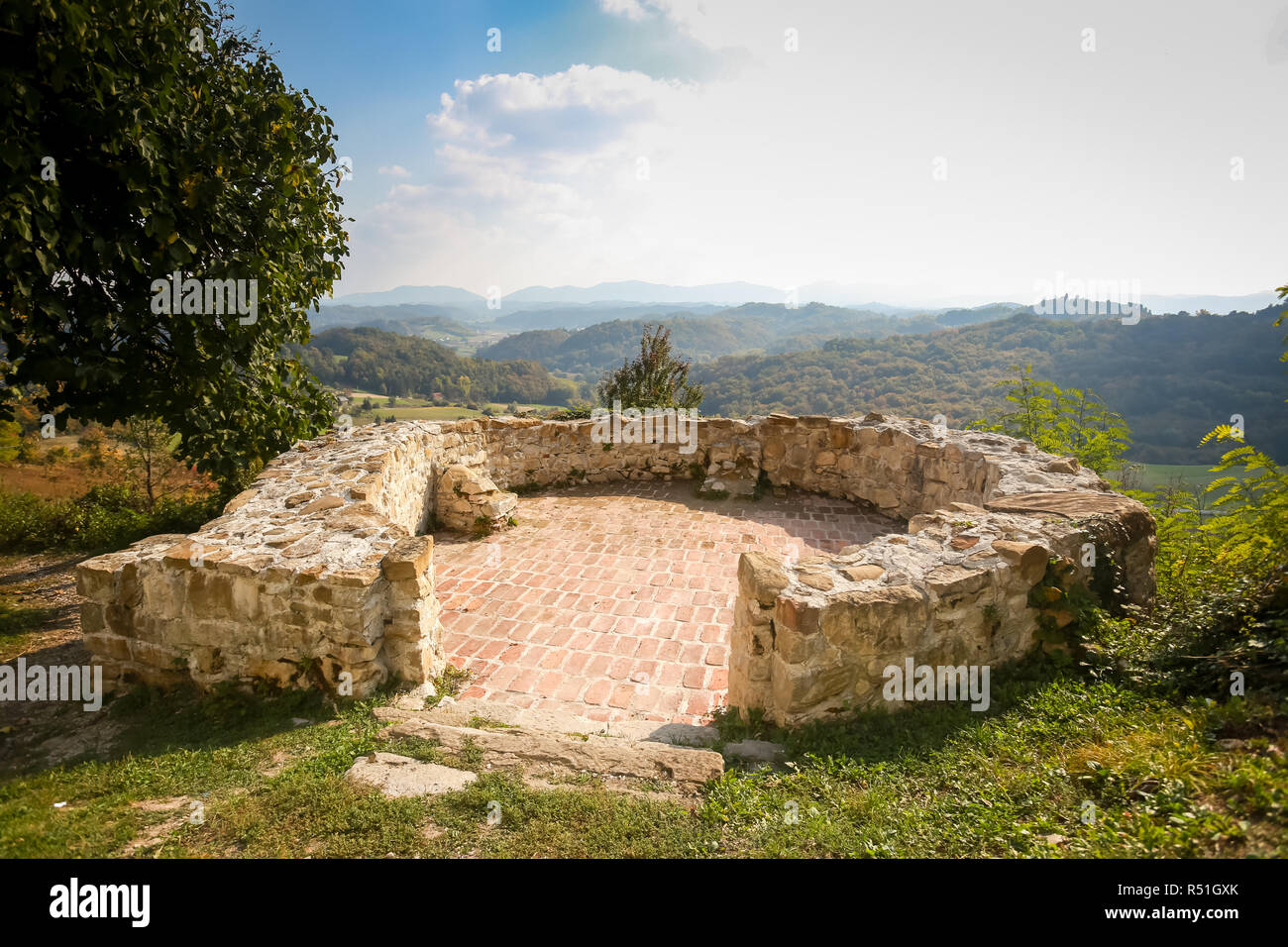 The walls of Veliki Tabor fortress with a view of the hills in Zagorje ...