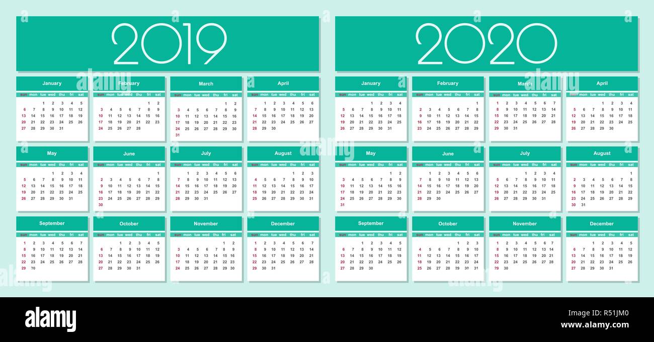 Calendar for 2019 and 2020 year green background. Simple Vector ...