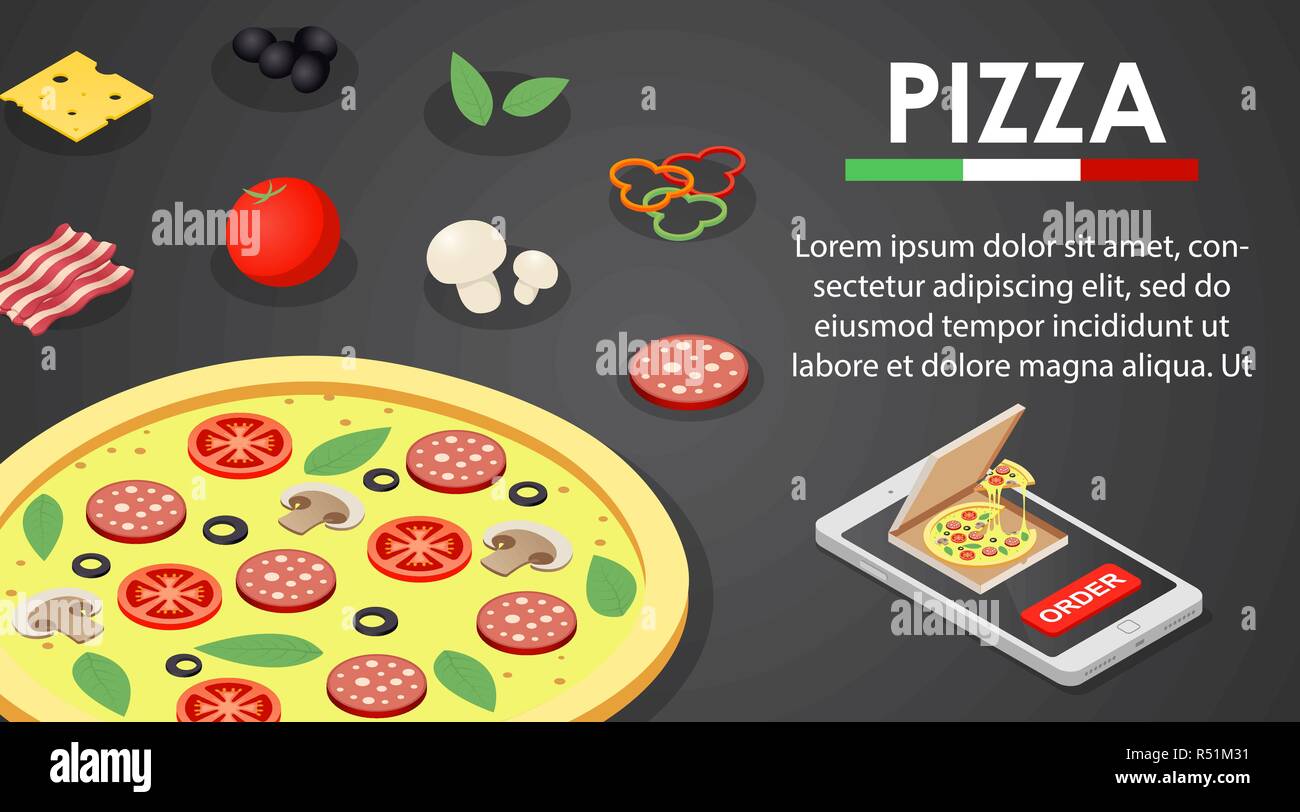 Order italian pizza banner horizontal. Isometric illustration of vector ...