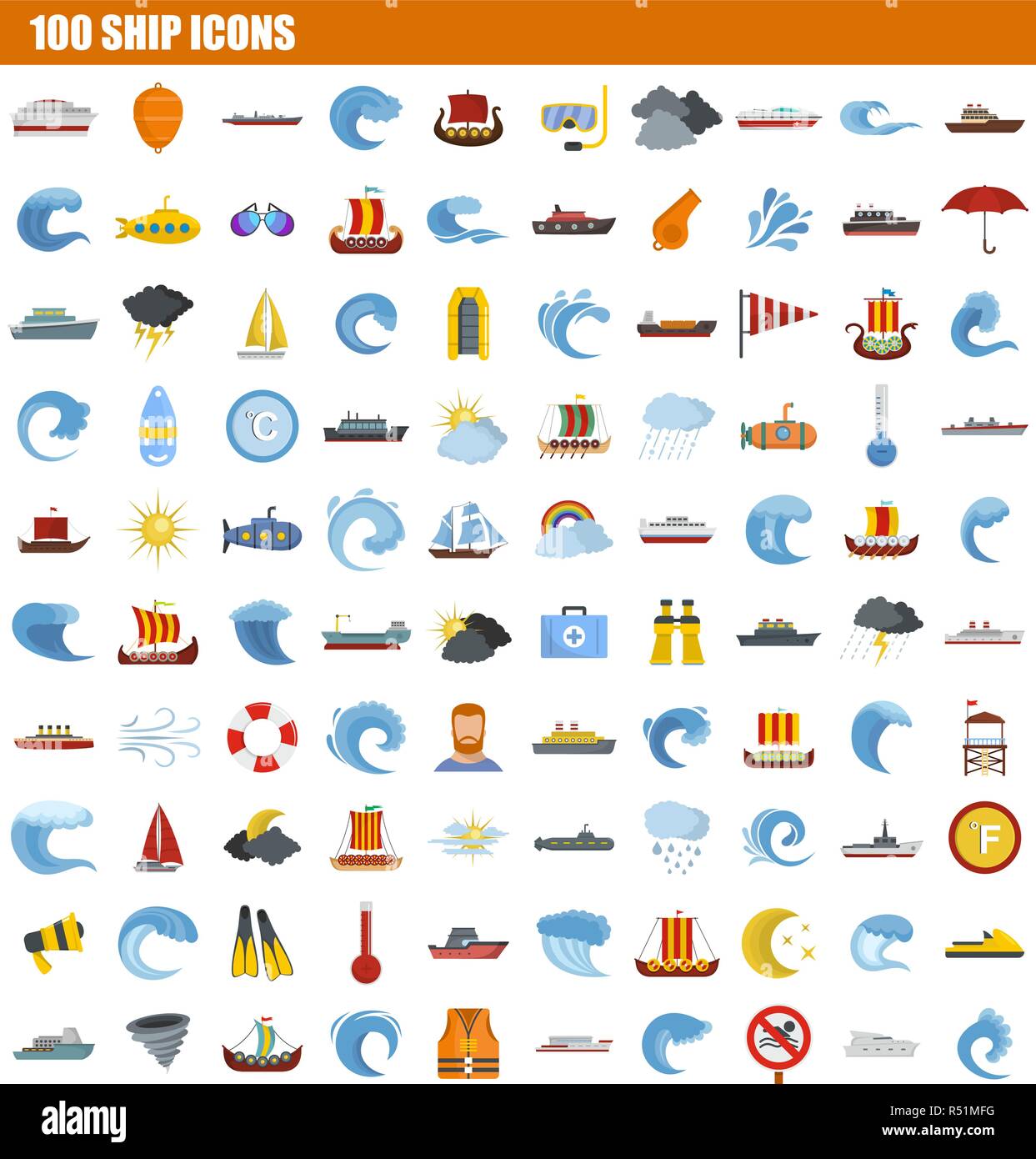 100 ship icon set. Flat set of 100 ship vector icons for web design ...