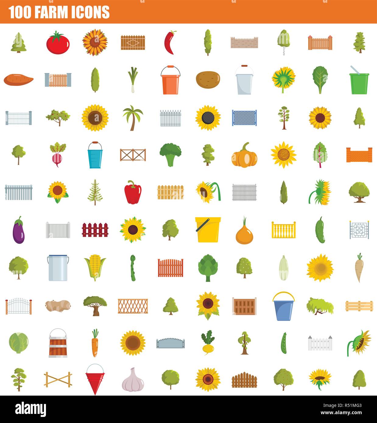 100 farm icon set. Flat set of 100 farm vector icons for web design ...