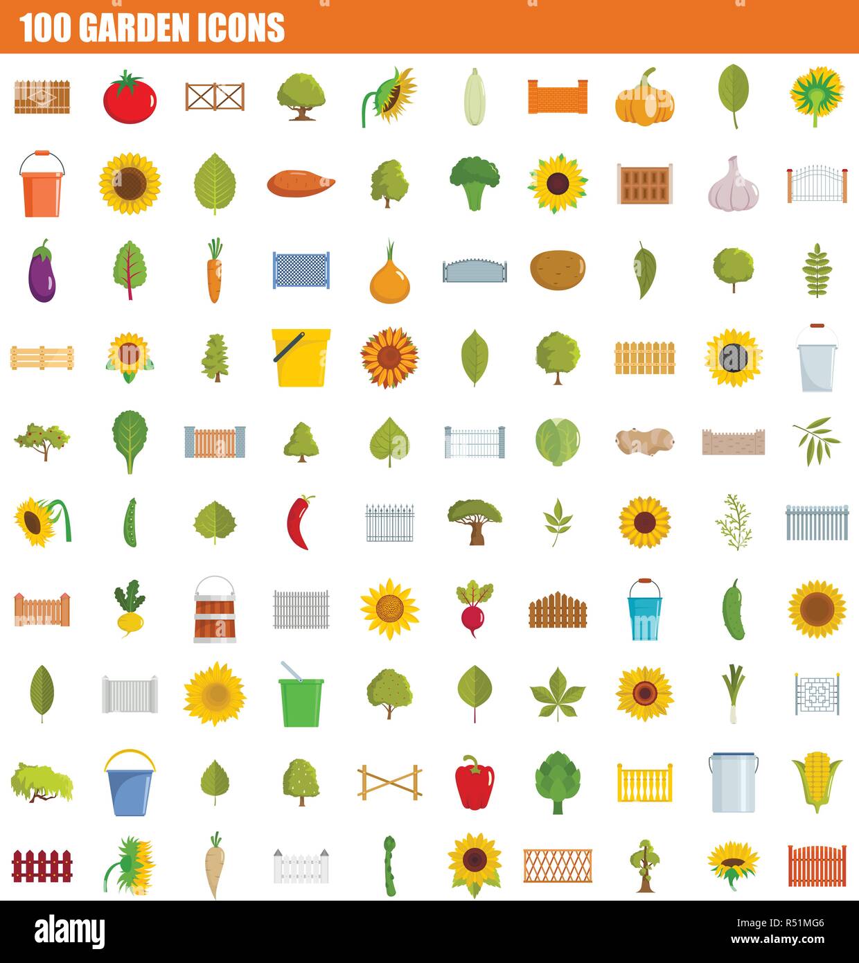 100 garden icon set. Flat set of 100 garden vector icons for web design ...