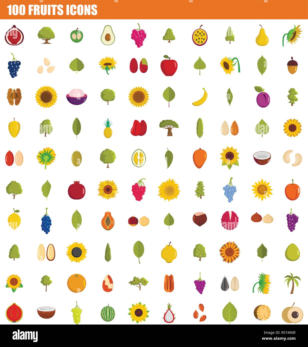100 fruits icon set. Flat set of 100 fruits vector icons for web design ...