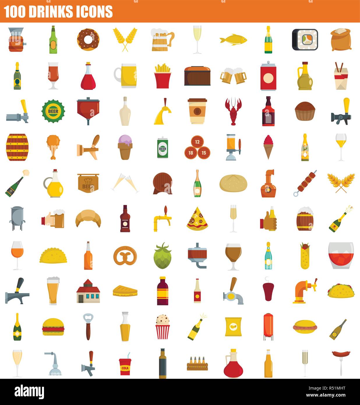 100 drinks icon set. Flat set of 100 drinks vector icons for web design ...