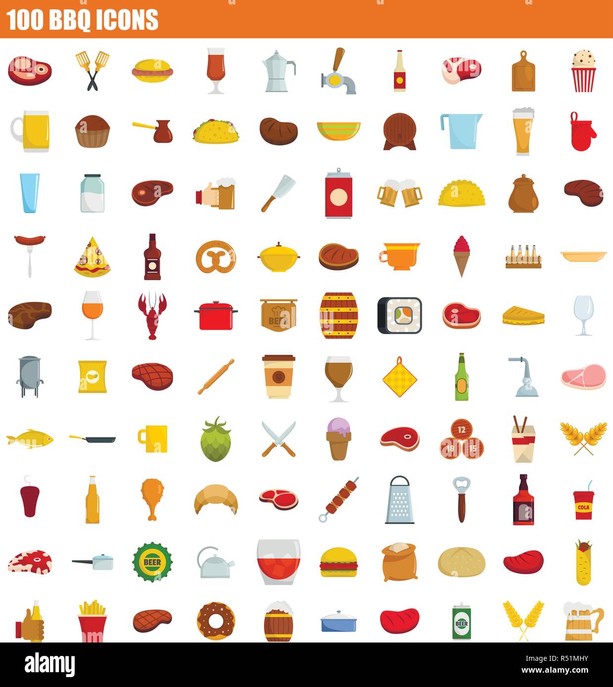 100 bbq icon set. Flat set of 100 bbq vector icons for web design Stock ...