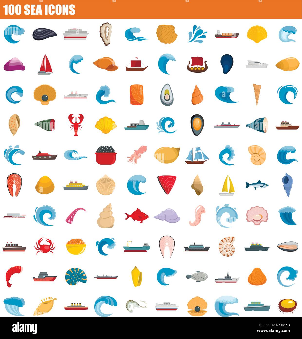 100 sea icon set. Flat set of 100 sea vector icons for web design Stock ...